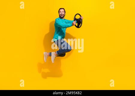 Full length photo of pretty impressed lady dressed green shirt jumping ...