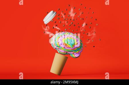 Floating human brain steaming coffee beans explosion cup 3D rendering ...