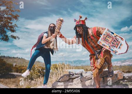 Representation of Inca warrior dressed and with battle weapons ...