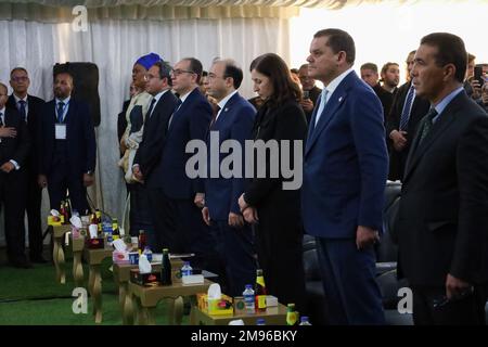 Libyan President Abdel Hamid al-Dabaiba (L) seen during the opening of ...