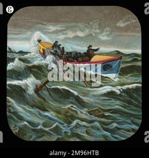 Lifeboat men rowing their boat in a rough sea, wearing cork lifebelts ...