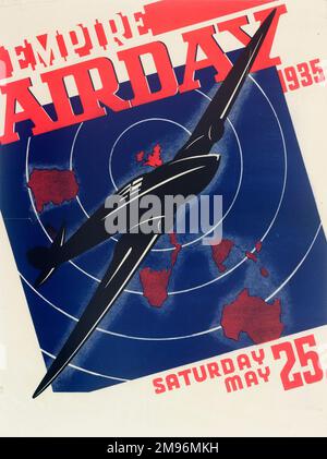 Poster, Empire Air Day 1935, showing a plane flying above a simplified ...
