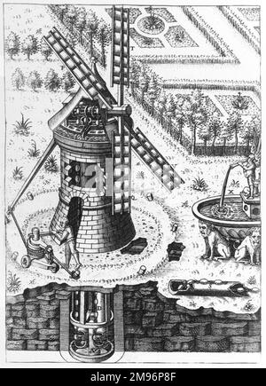 An engraving of a 16th century european construction technique using a ...