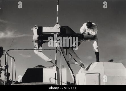 Malkara wire-guided anti-tank missile on its launcher. September 1958 ...