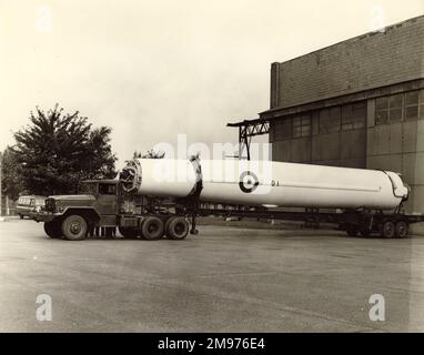 The first Thor missile for the RAF at Feltwell, Norfolk, on 19 ...