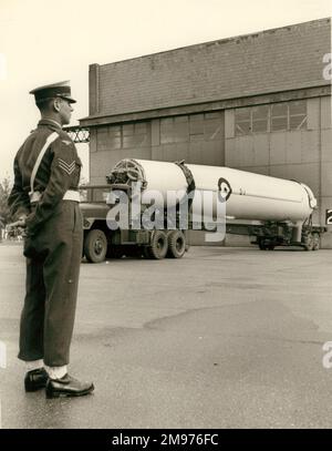 The first Thor missile for the RAF at Feltwell, Norfolk, on 19 ...