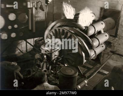 Whittle jet propulsion gas turbine., test assembly of the first model ...
