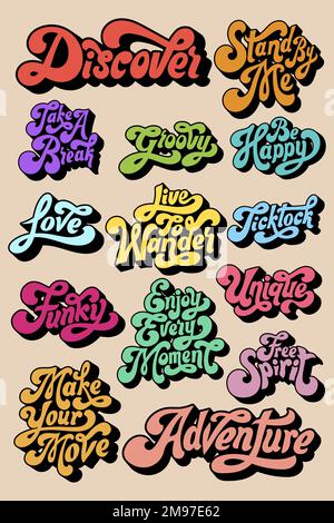 Yellow funky bold stylized font sticker set on a red background vector ...