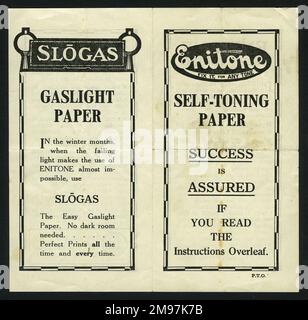 Instruction leaflet for Enitone self-toning photographic paper (inner ...