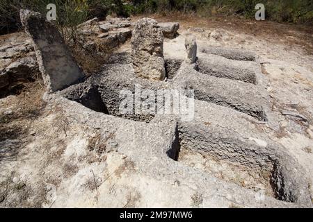 Greece, Crete, Fourni Minoan necropolis (1500 BC), town at rear Stock ...