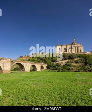 Roman Bridge and Cathedral, Coria, Caceres province, Extremadura, Spain ...