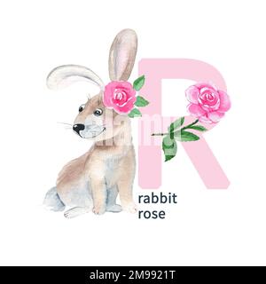Letter R, rabbit, cute kids animal ABC alphabet. Watercolor ...