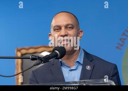 House Minority Leader Hakeem Jeffries (D-N.Y.) speaks with reporters as ...