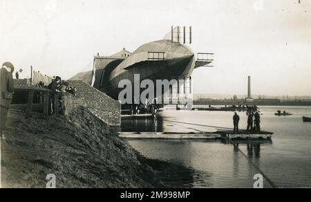 HMA No1 Mayfly leaving its floating shed at the Cavendish Dock, Barrow ...
