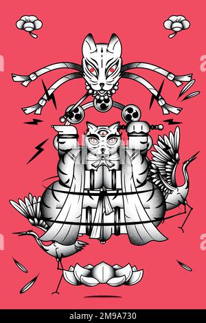Bakeneko Japanese monster cat element on a pink background vector Stock ...
