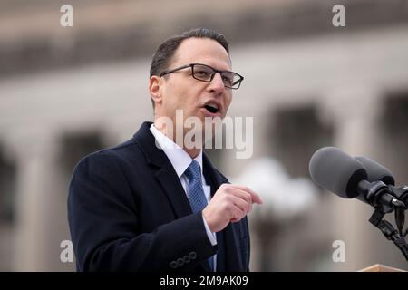 Democratic Gov. Josh Shapiro speaks after taking the oath of office to ...