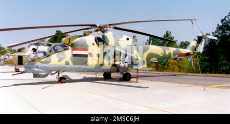 A captured Iraqi Mil Mi-24 Hind attack helicopter is displayed at an ...