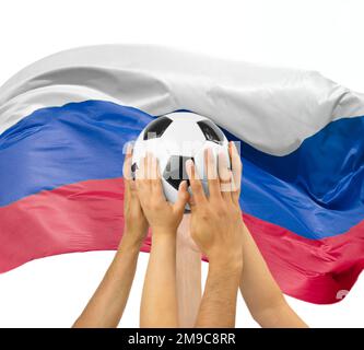 Soccer ball with flag of Russia, close up, watercolor effect on white ...