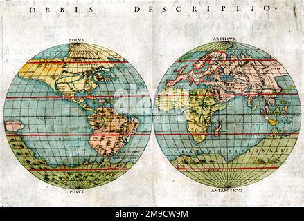 16th century Map of the World Hemispheres Stock Photo - Alamy