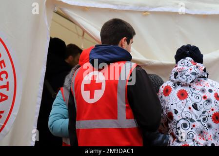 Dnipro Ukraine 2023-01-14. Red Cross volunteers help wounded near ...