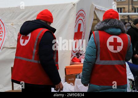 Dnipro Ukraine 2023-01-14. Red Cross volunteers help wounded near ...