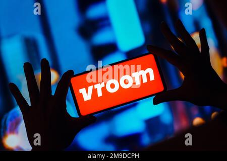 In this photo illustration, the Vroom, Inc. logo is displayed on a ...