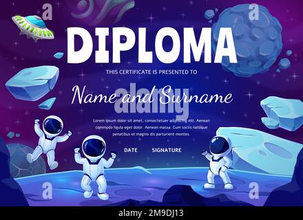 Kids diploma, cartoon astronauts, ufo, aliens, space planets and ...