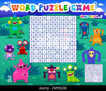 Crossword quiz game. Cartoon monster characters. Child word search ...