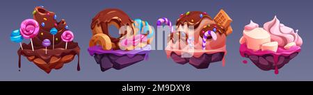 Flying islands of sweet land with candies, chocolate volcano, cake, ice ...