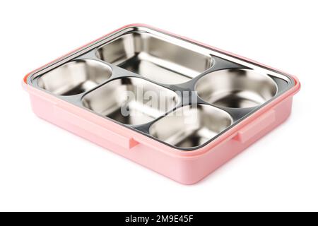 Empty lunch box with metal compartments isolated on white background ...