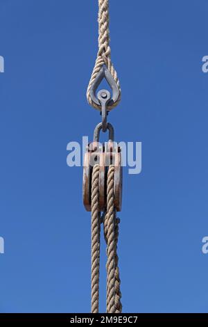 Rope and block, harbour, Wustrow, Mecklenburg-West Pomerania, Germany ...