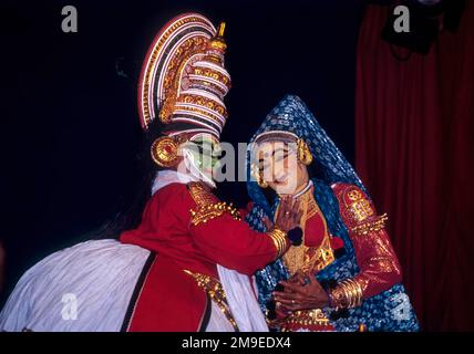 Noble or green character in Kathakali at Kerala Kalamandalam, classical ...