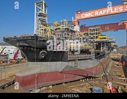 YANTAI, CHINA - JANUARY 18, 2023 - A large floating production, storage ...