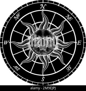 Compass Sun Face Etching Rose Woodcut Drawing Stock Vector Image & Art ...