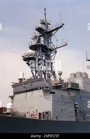 A portside view of a Phalanx Close-In Weapons System (CIWS), mounted ...