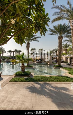 The vast infinity pool with palm trees and cabanas at the Al Wathba ...