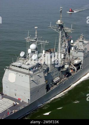 A view of the superstructure of the guided missile cruiser USS ...
