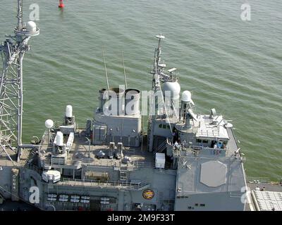 Oblique aerial starboard side view of the aft superstructure and main ...
