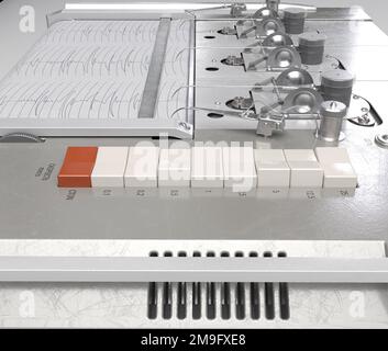 A russian polygraph lie detector machine drawing lines on graph paper ...