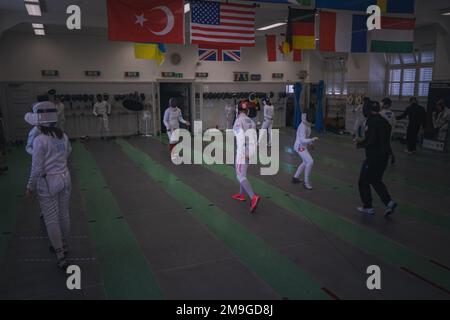 The female contestants practicing forf the International fencing cup in ...