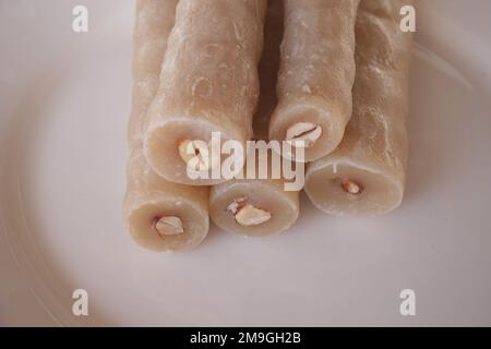 Traditional Cypriot sweet sujuk, soutzoukos, made from palouze (grape ...