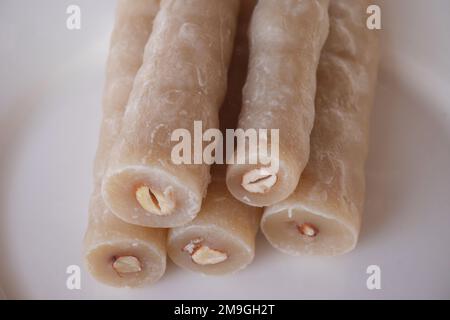 Traditional Cypriot sweet sujuk, soutzoukos, made from palouze (grape ...