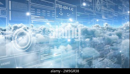 Image of data processing over clouds and flag of america Stock Photo ...