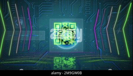 Image of qr code over circles with arrows against circuit board pattern ...