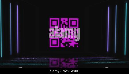 Image of qr code over neon shapes and scope scanning on black ...