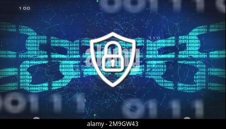 Image of digital shield with padlock and block chain over binary code and navy background Stock ...