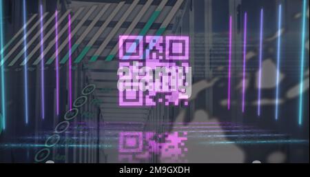 Image of pink qr code with neon lights and data processing over ...