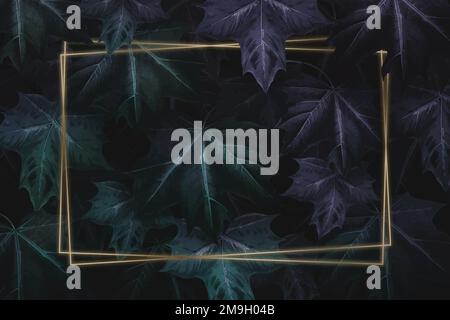 Rectangle gold frame on hand drawn autumn maple leaf patterned ...