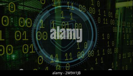 Image of cyber security and shield with email in circle over binary code on black background ...