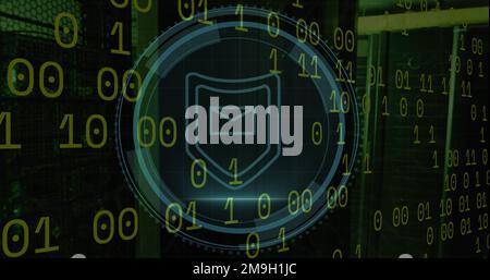 Image of cyber security and shield with email in circle over binary ...